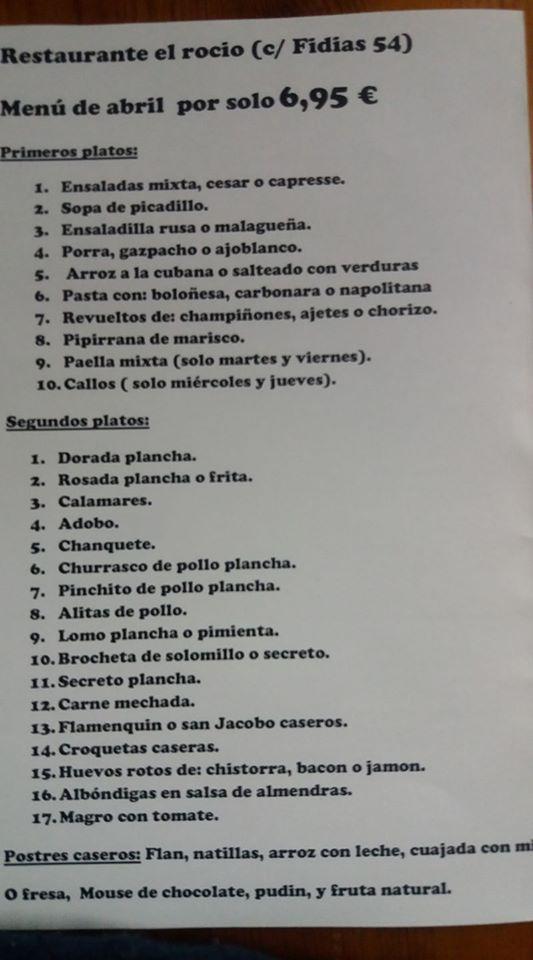 Menu at Restaurante El Rocío, Málaga