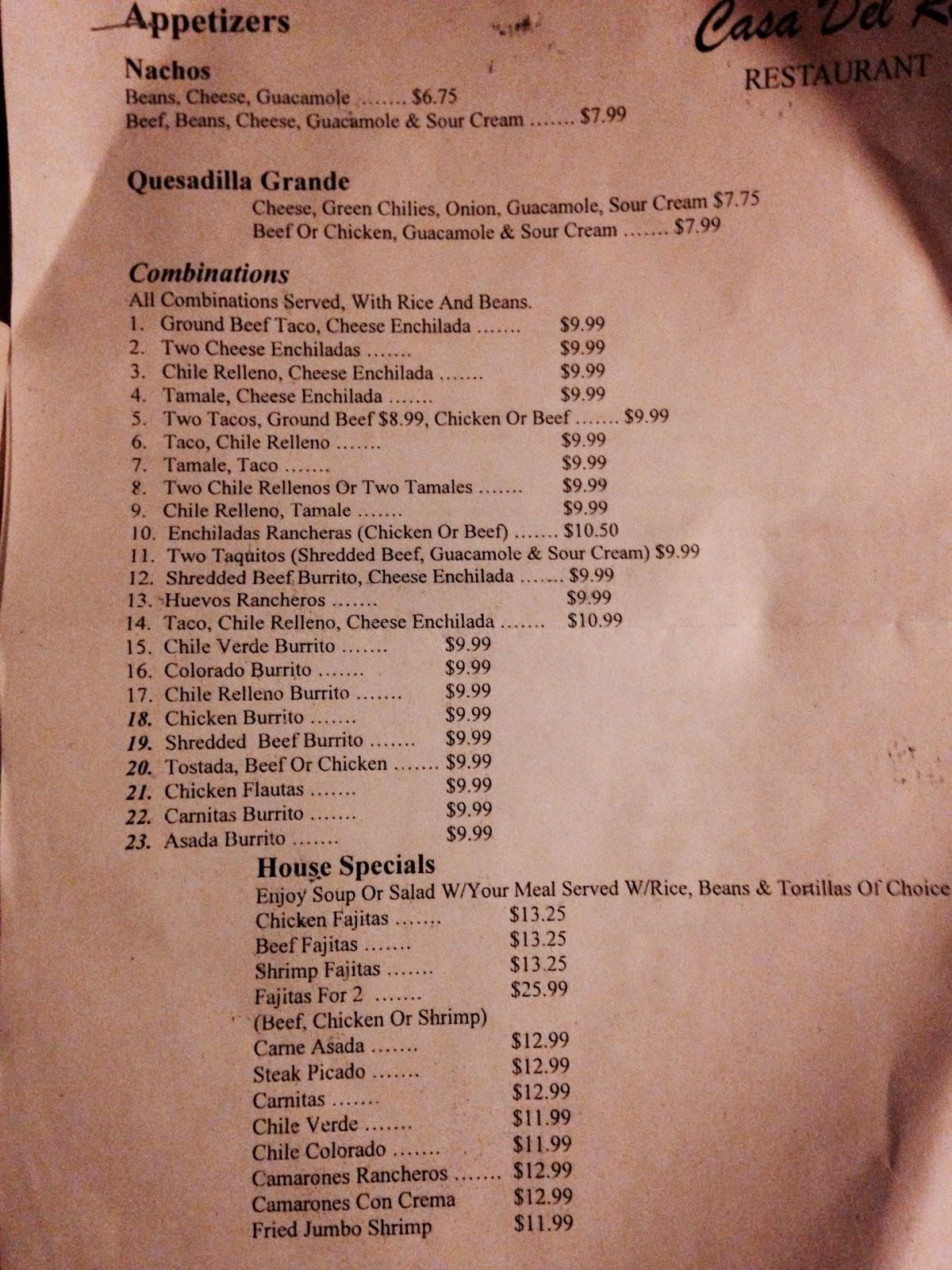 Menu at Casa Del Rio restaurant, Ventura