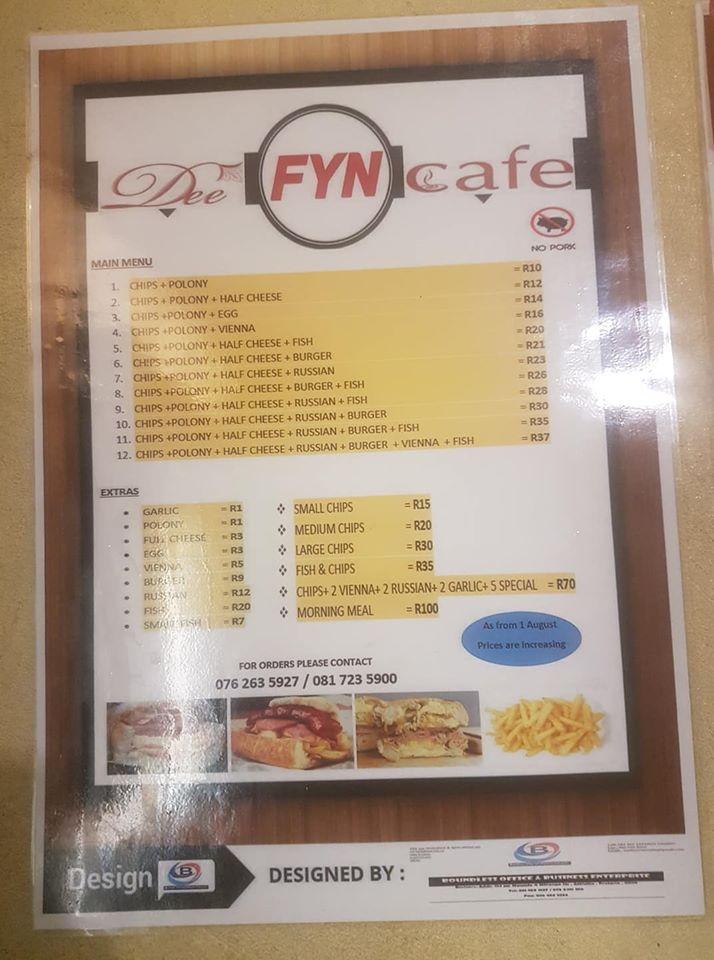Menu at Dee Fyn Cafe, Pretoria