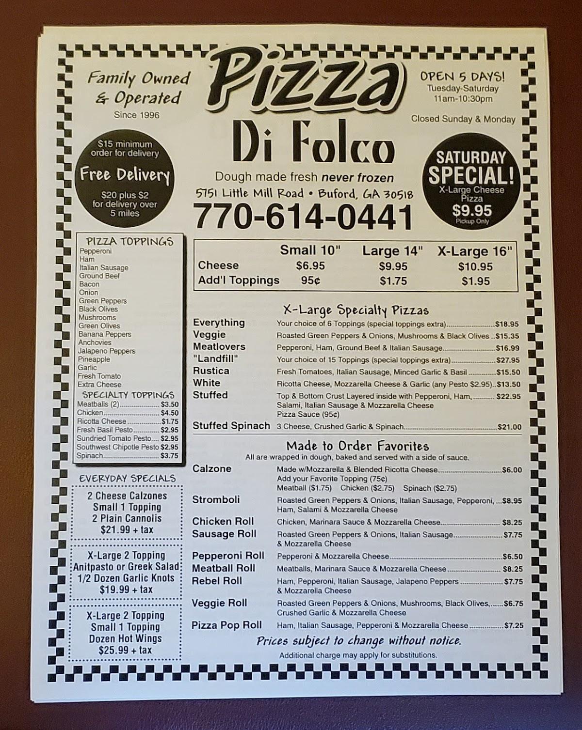Menu at Pizza Di Folco pizzeria, Buford