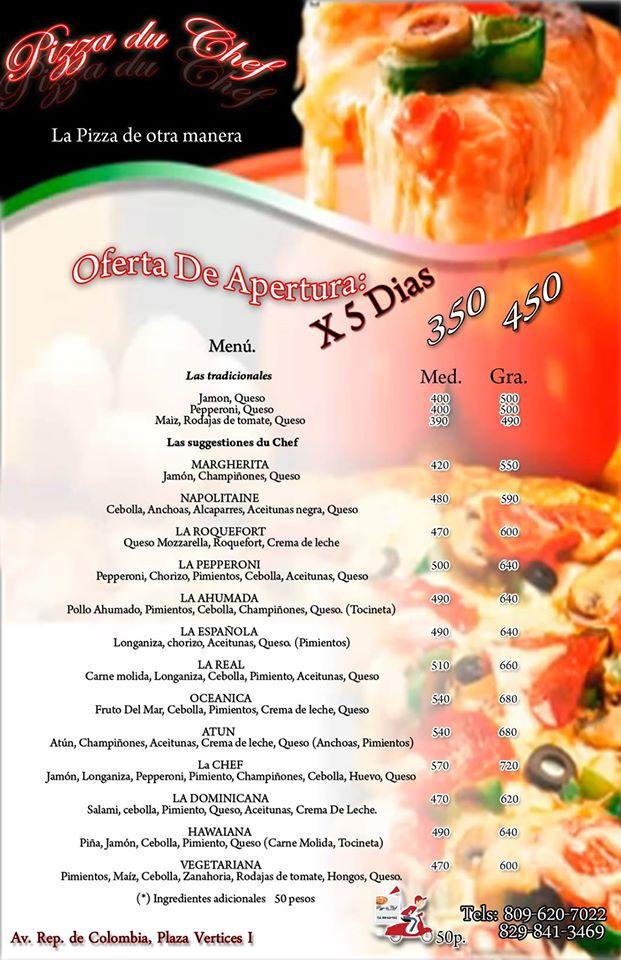Menu at Pizza Du Chef pizzeria, Santo Domingo