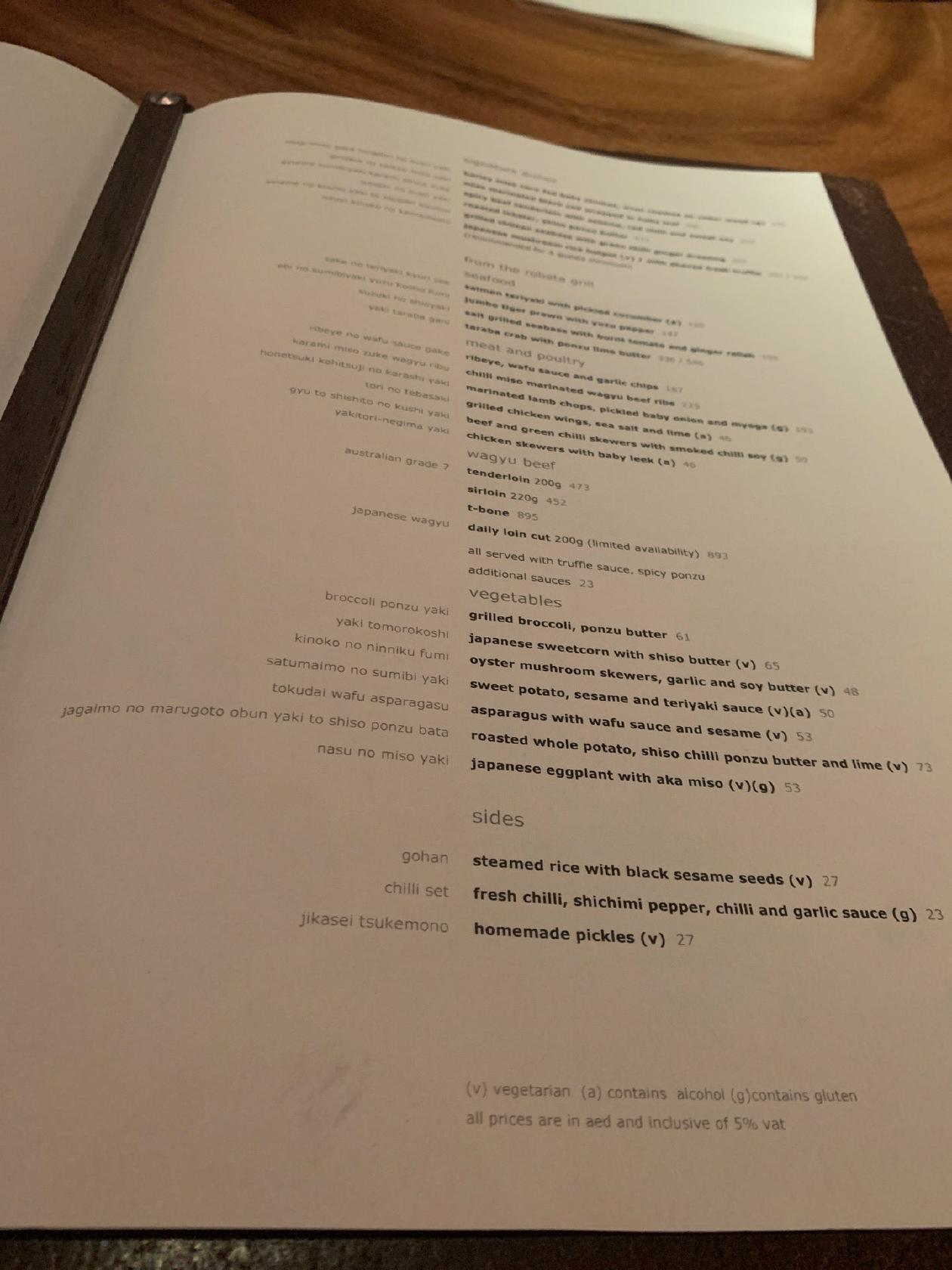 Menu at Zuma Abu Dhabi restaurant, Abu Dhabi