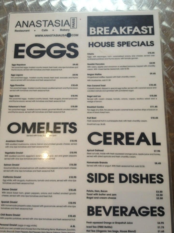 Menu at Anastasia Cafe, Laguna Beach
