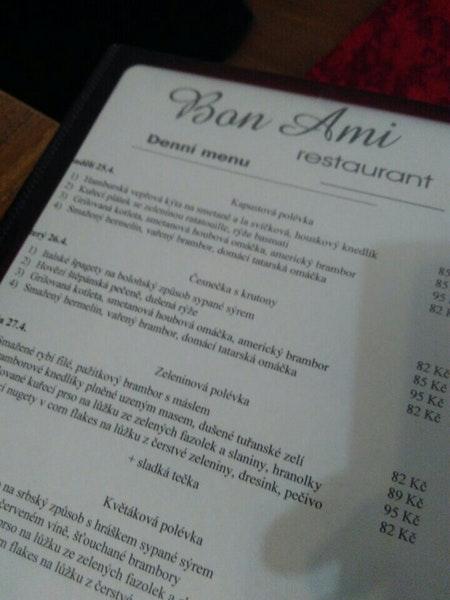 Menu at Bon Ami restaurant, Brno, Komárovská 352