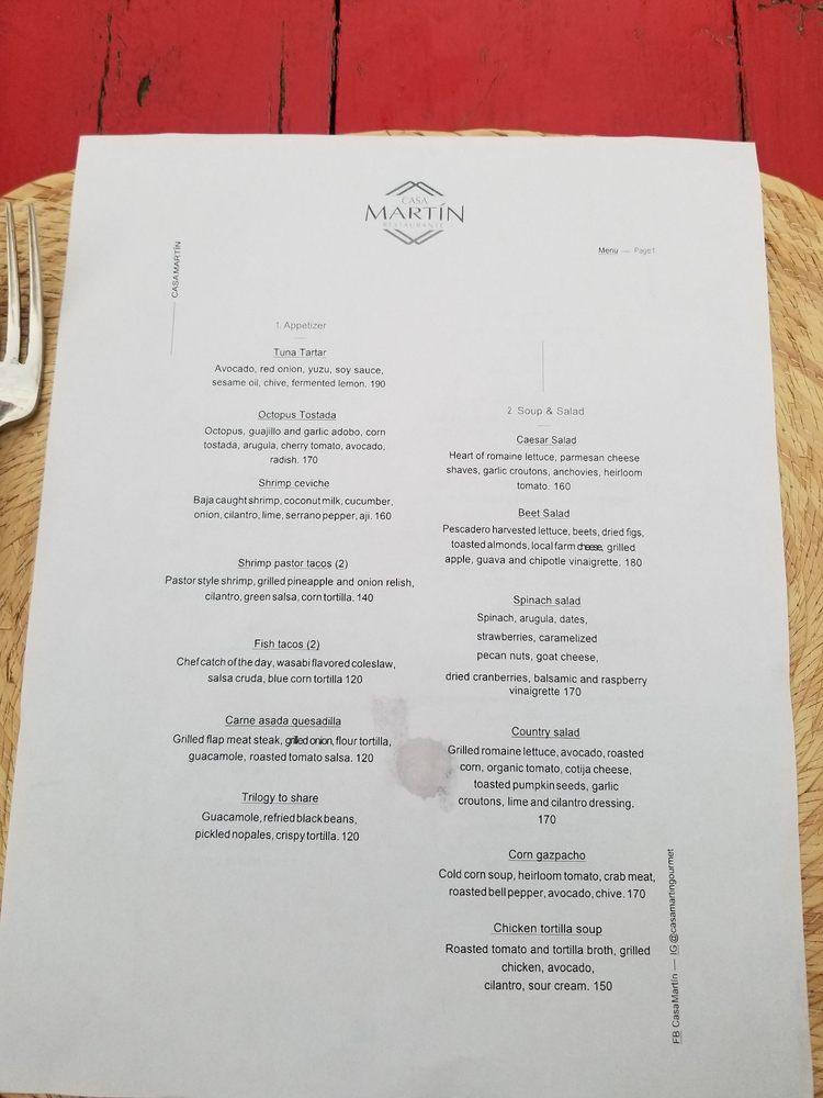Menu at Casa Martín Restaurante, Cabo San Lucas