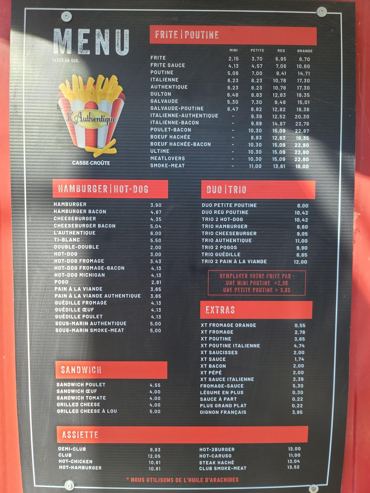 Menu au Casse-Croûte L'Authentique restaurant, Québec