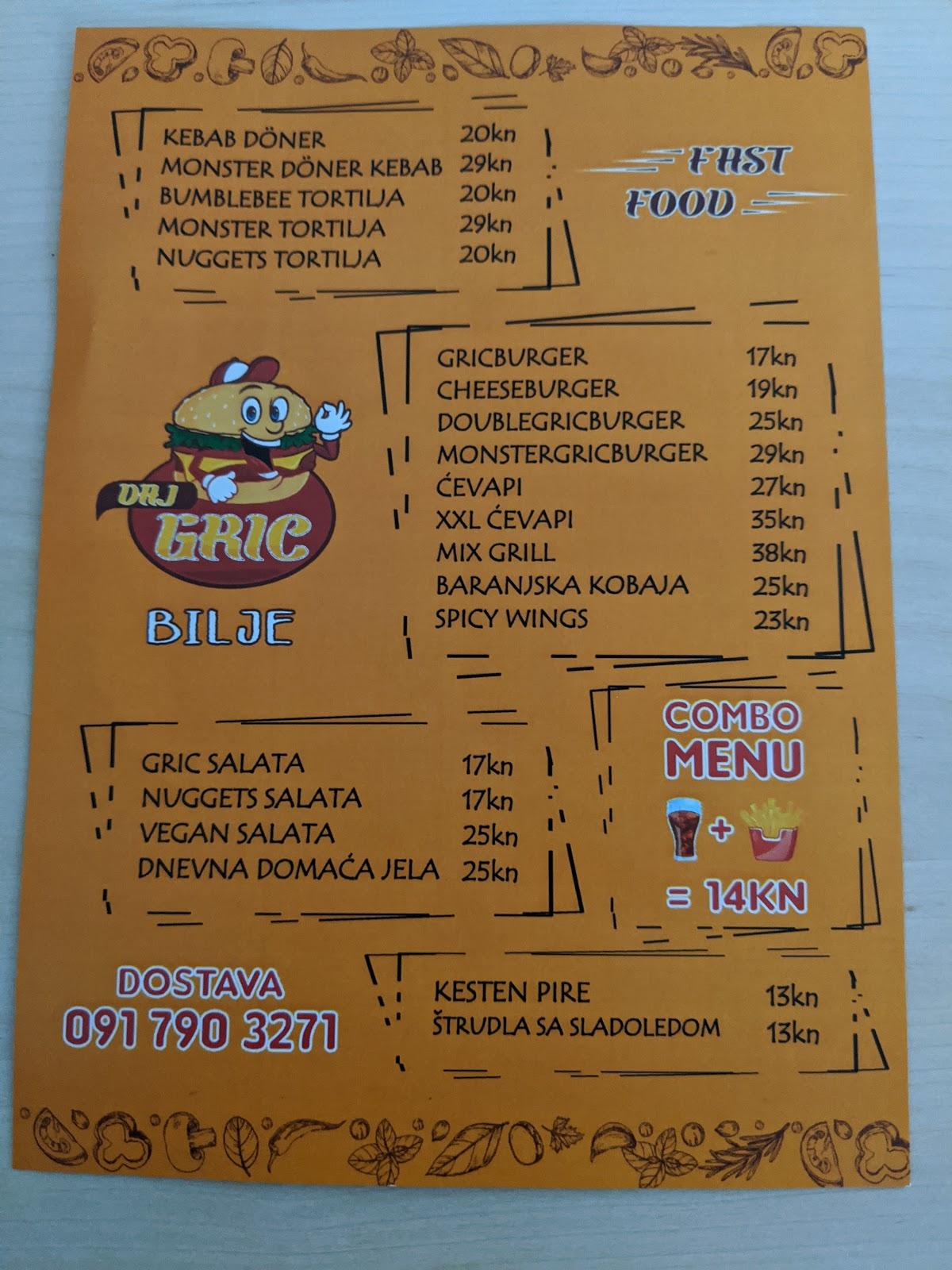 Menu da Daj Gric ristorante, Bilje