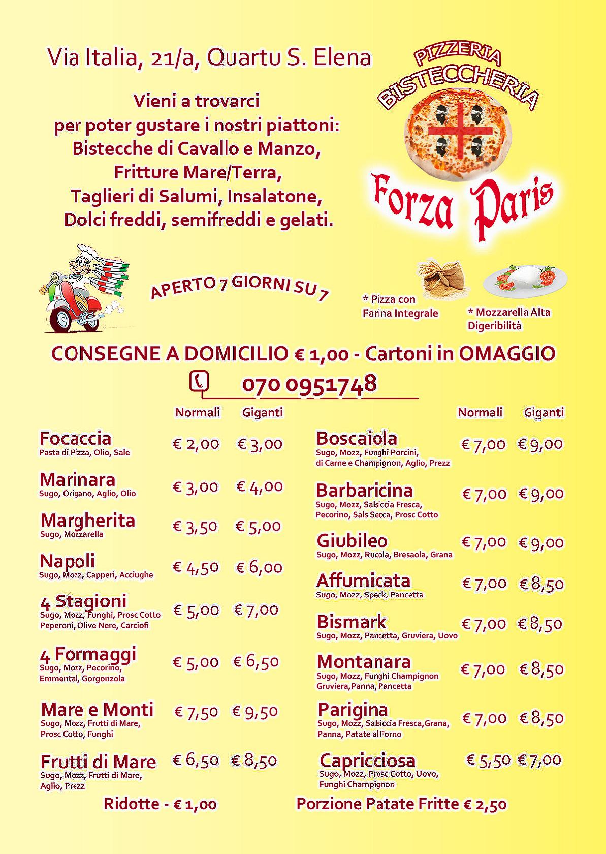 Menu at FORZA PARIS restaurant, Quartu Sant'Elena