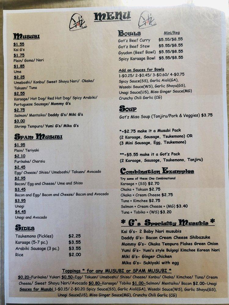 Menu at Got'z Grindz restaurant, Kaneohe