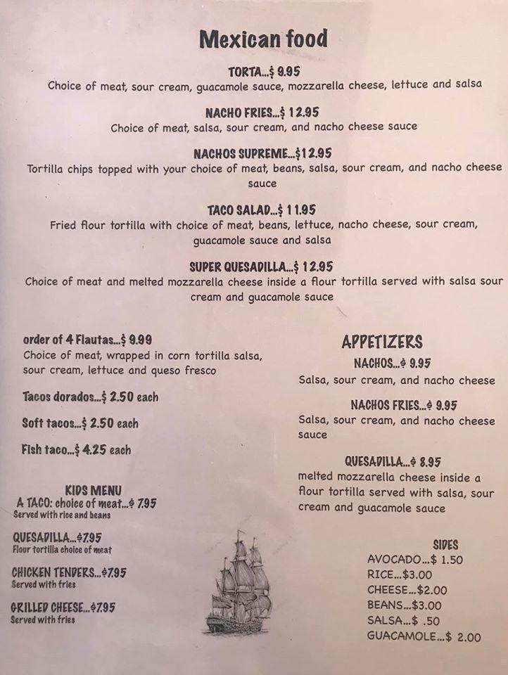Menu at Pirates Cove restaurant, Point Arena