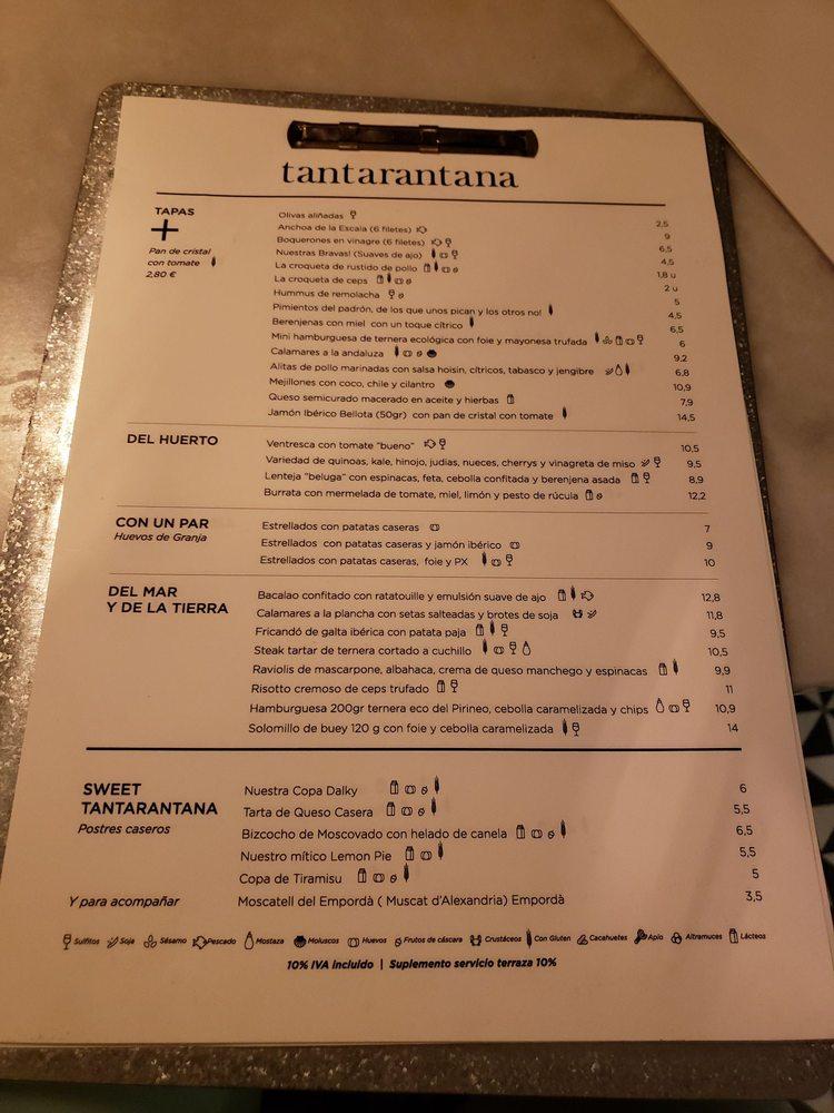 Menu at Tantarantana pub & bar, Barcelona