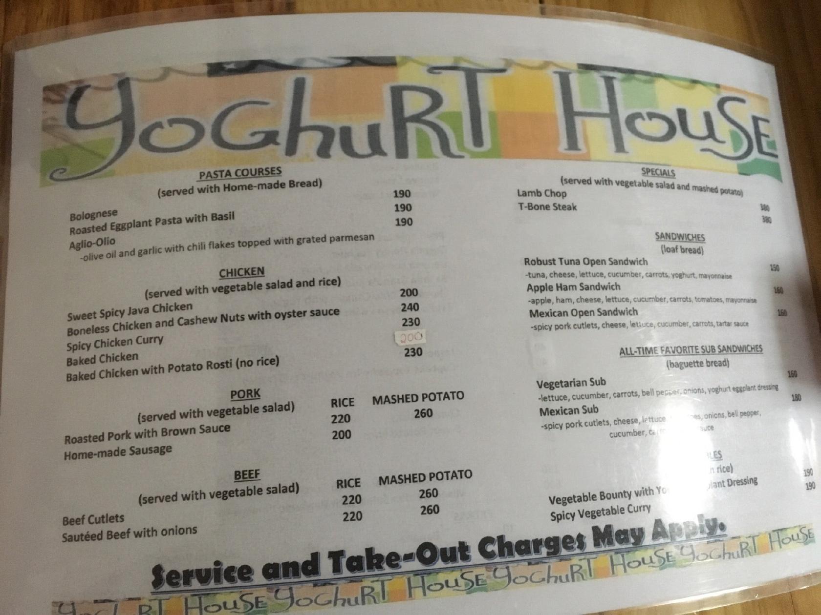 Menu at Yoghurt House restaurant, Sagada, South Rd