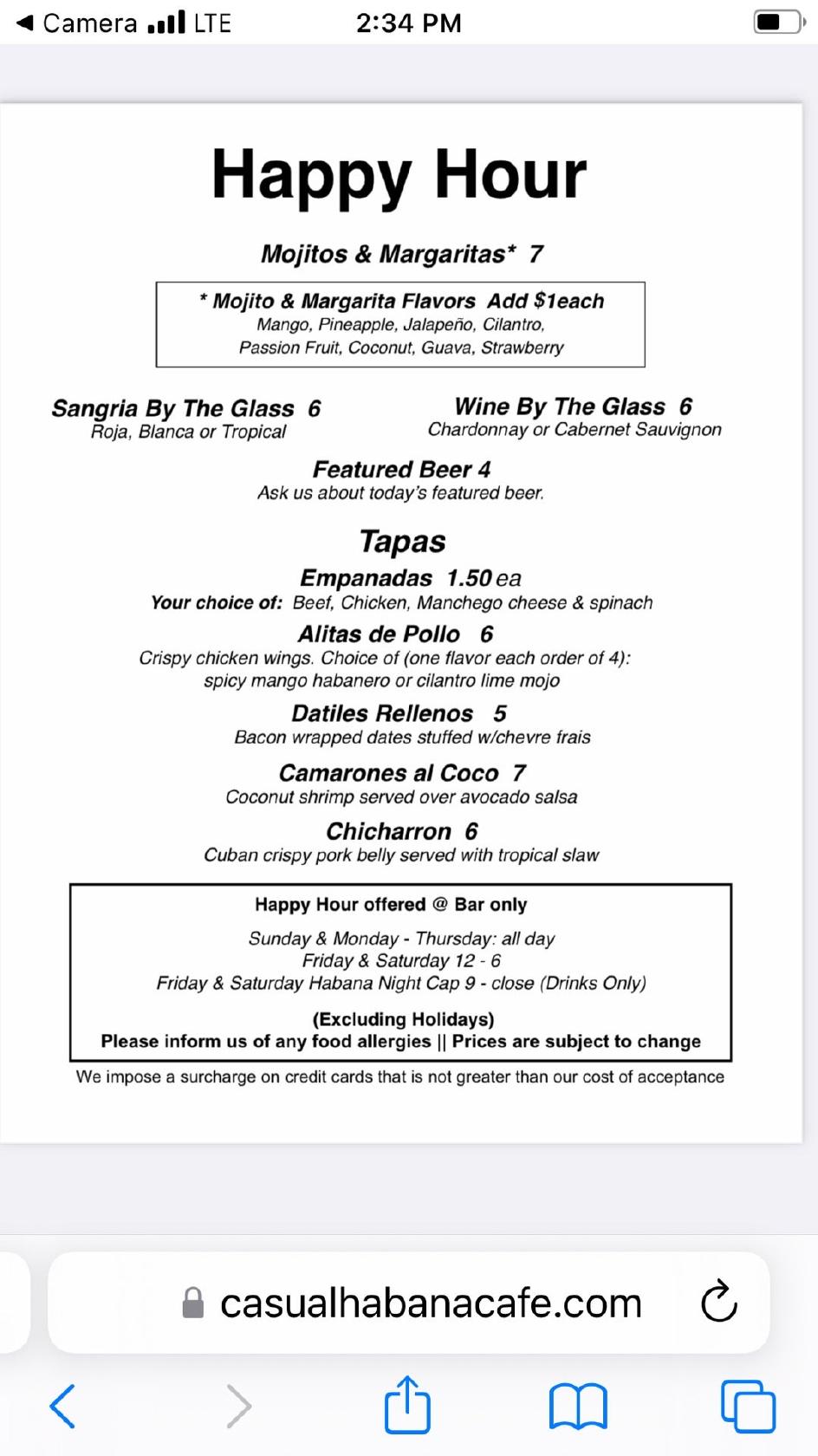 Menu at Casual Habana Cafe, Hackensack