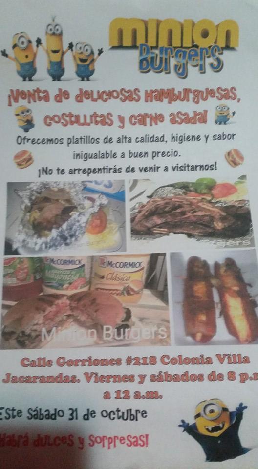 Menu at Minion Burgers restaurant, Gómez Palacio