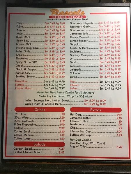 Menu at Rascals restaurant, Whitehall