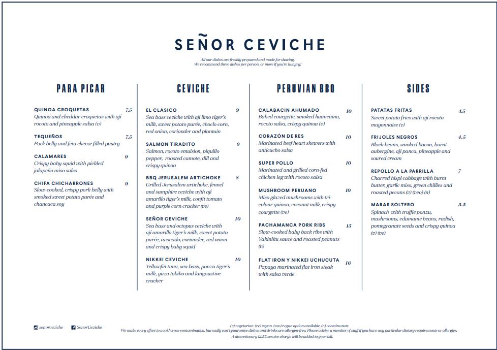 Menu at Señor Ceviche Peruvian Restaurant Soho, London, Kingly Court