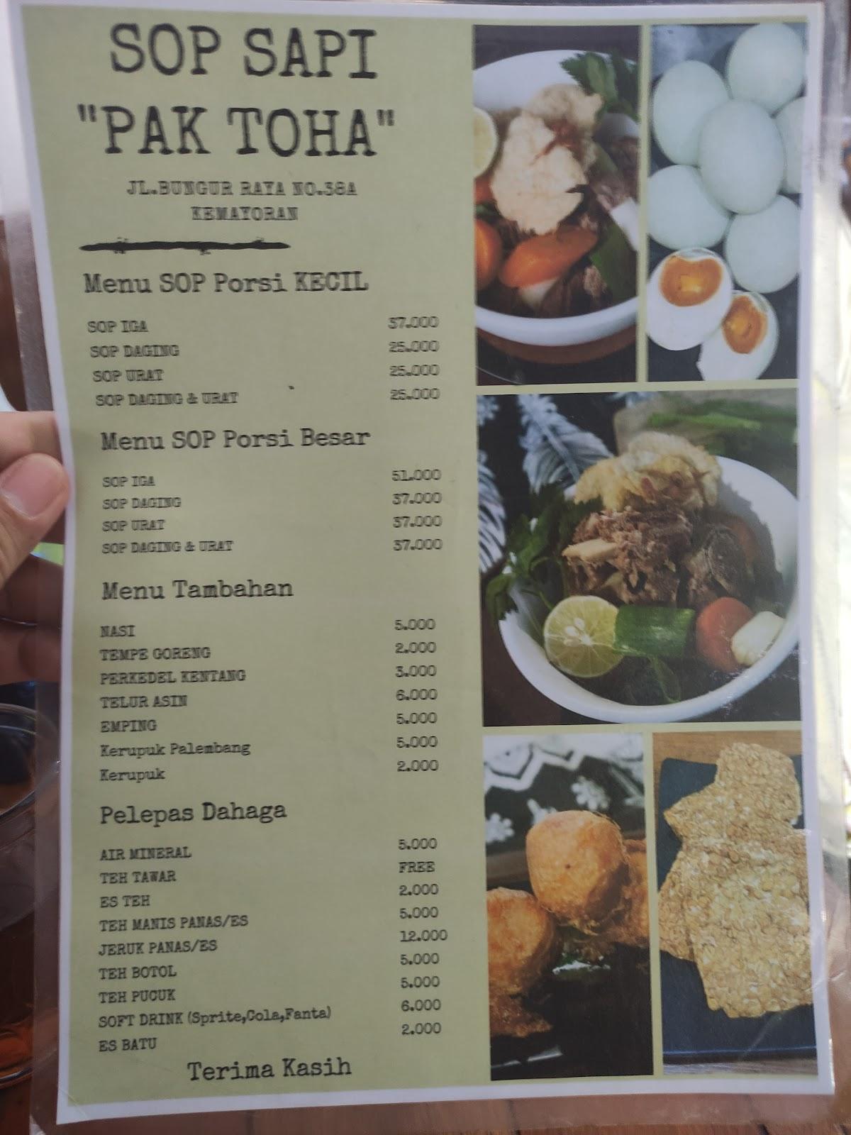 Menu at Sop Sapi Pak Toha restaurant, Jakarta, Jl. Bungur Besar Raya No.38A