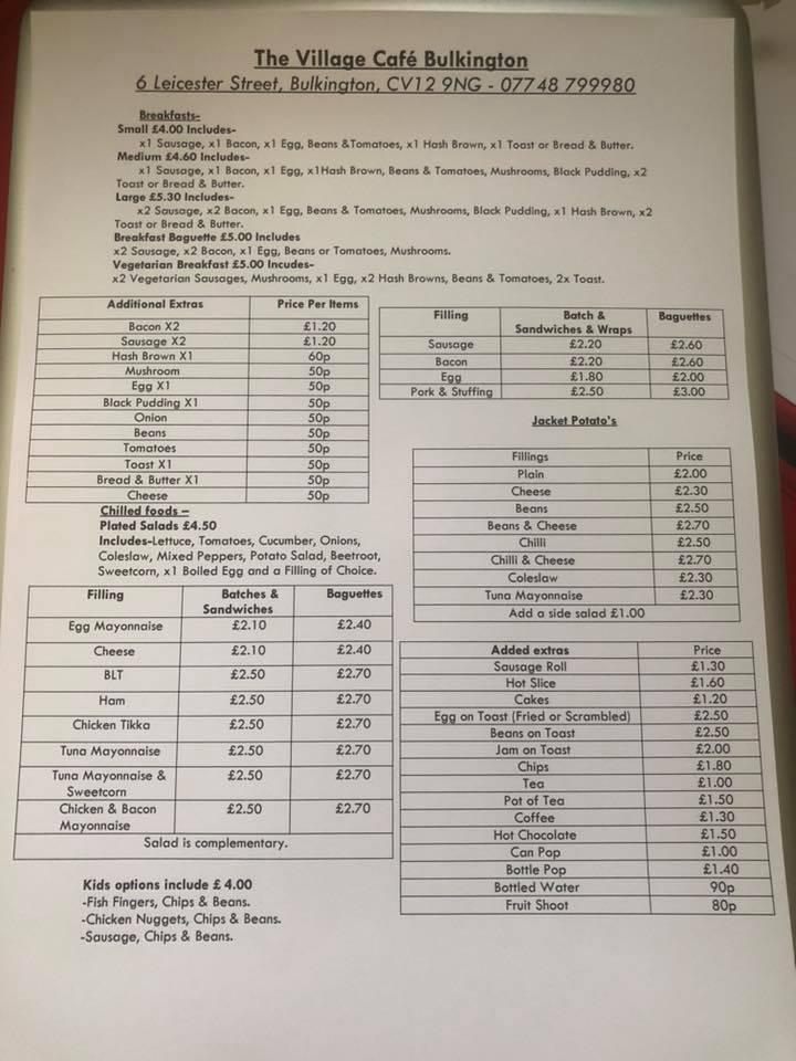 Menu at The Village Cafe Bulkington, Bulkington