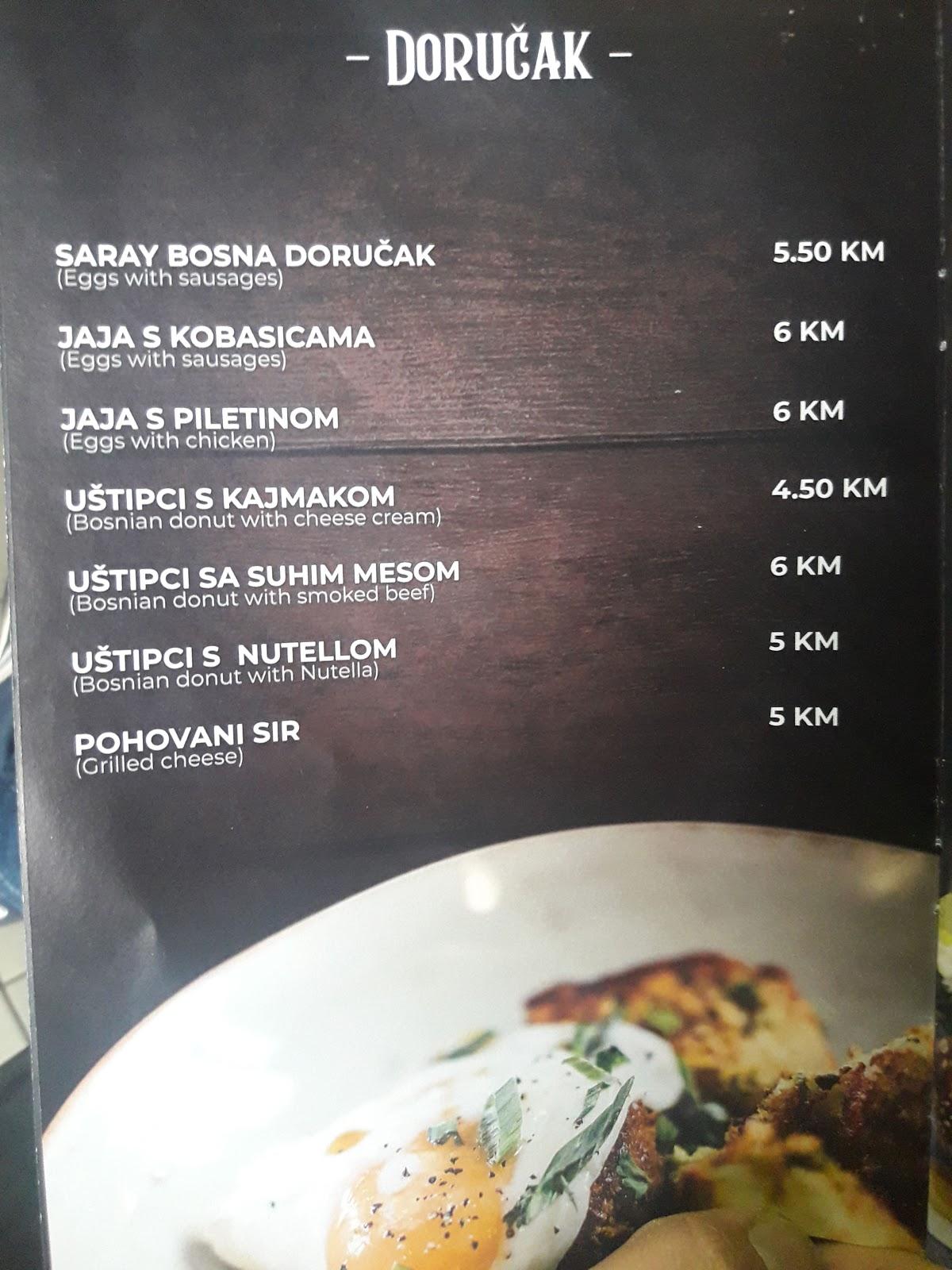 Menu at Saray Bosna restaurant, Ilidža
