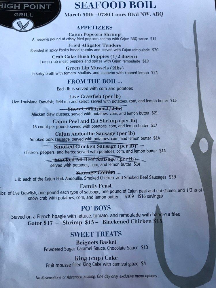 Menu at High Point Grill restaurant, Albuquerque, Coors Blvd NW STE A