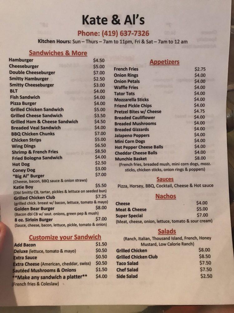 Menu at Kate & Al's Bar and Grill, Gibsonburg