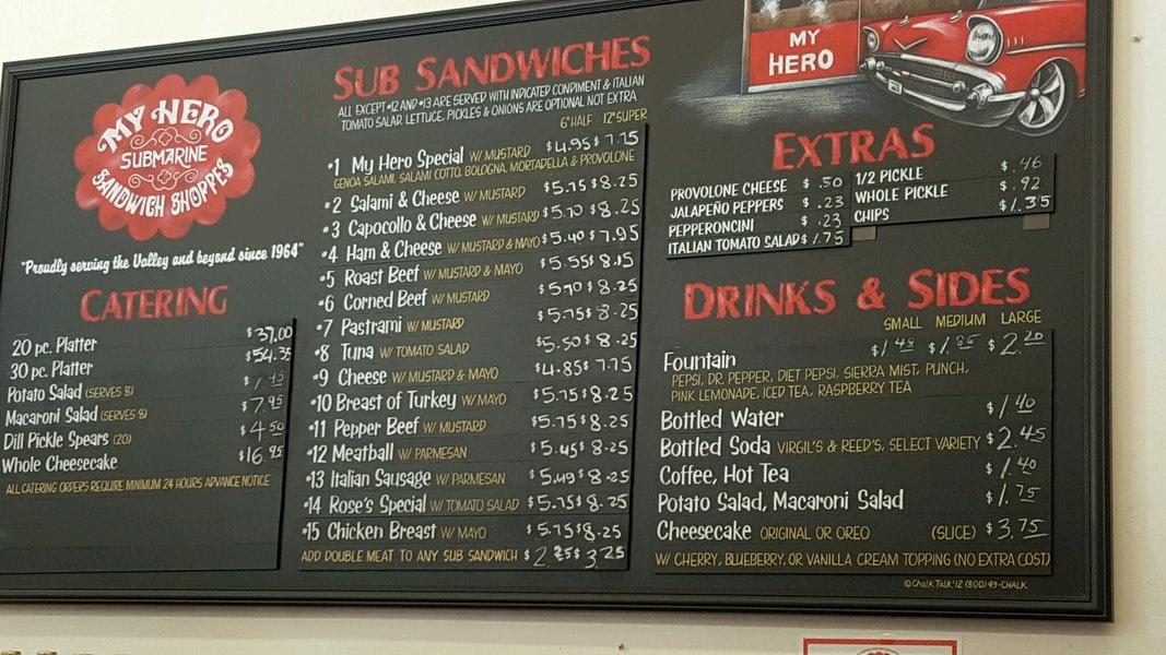 Menu at My Hero Submarine restaurant, Los Angeles