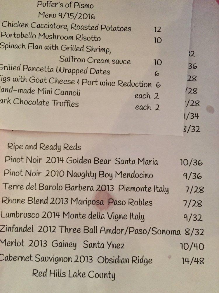Menu at Puffer's of Pismo pub & bar, Pismo Beach
