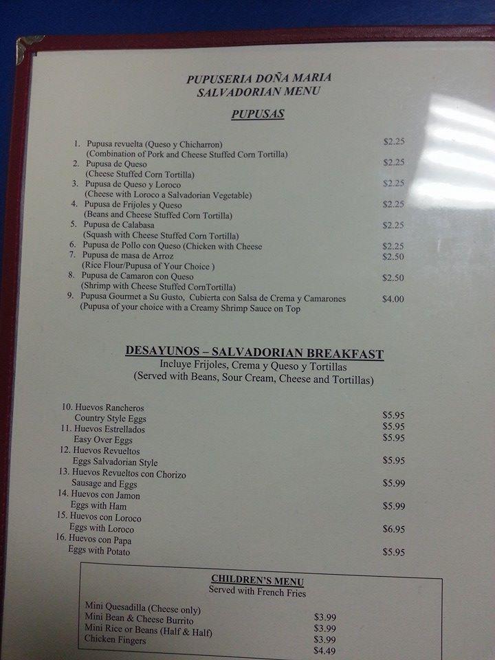 Menu at Pupusería Doña María restaurant, Rancho Cucamonga