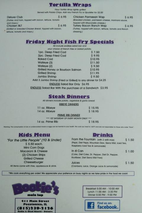 Menu at Bootie's Main Tap pub & bar, Pecatonica