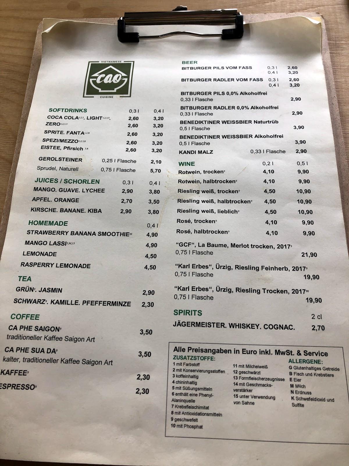 Menu at CAO Trier restaurant, Trier