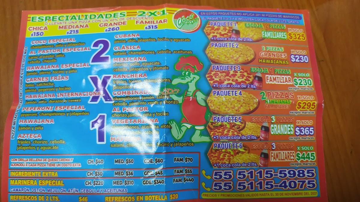 Menu at COCO PIZZA restaurant, Mexico City, Avenida Nte 225