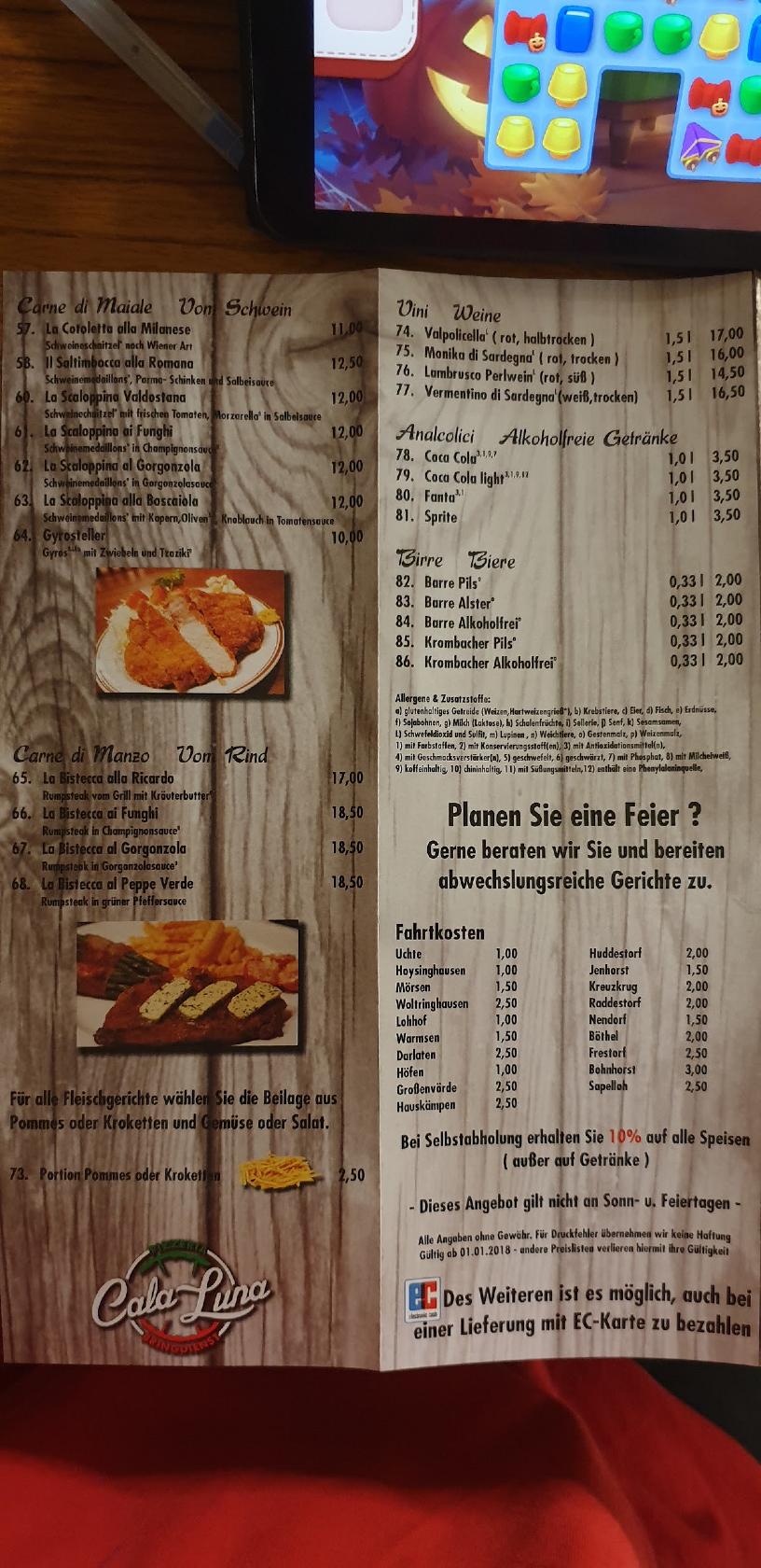Speisekarte von Cala Luna restaurant, Uchte