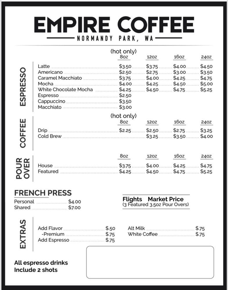 Menu at Empire Coffee restaurant, Normandy Park