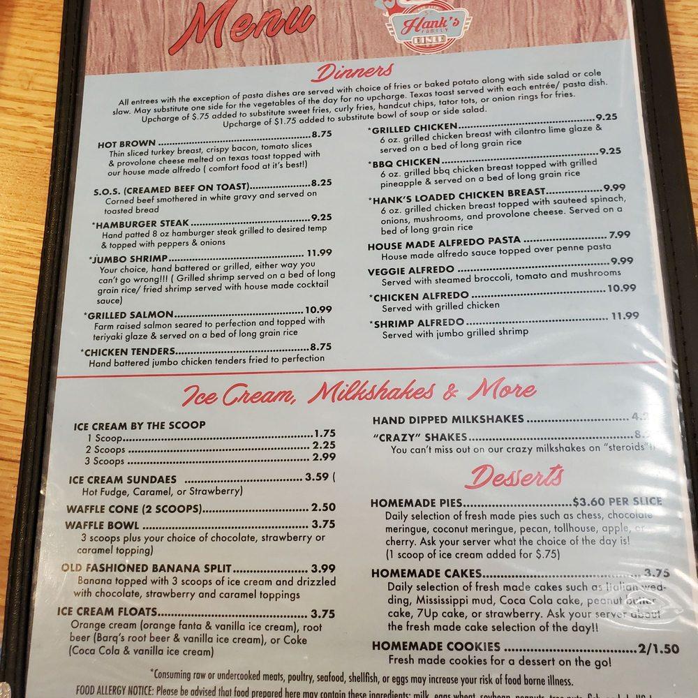 Menu at Hanks Family Diner restaurant, Hohenwald