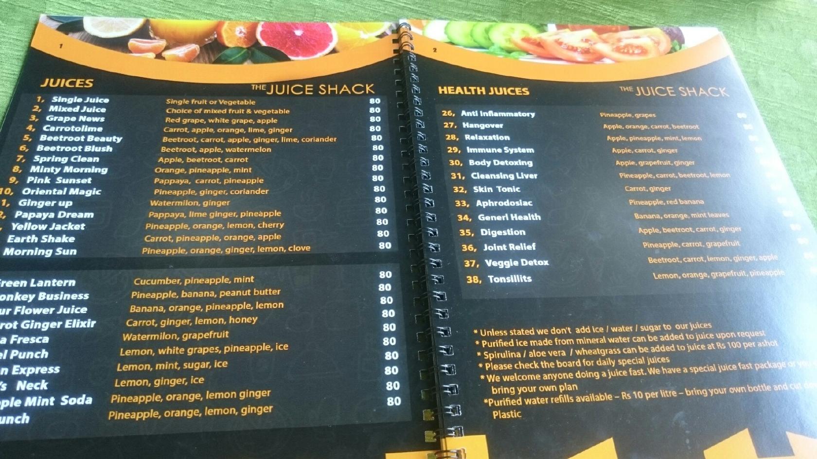 Menu at Juicy Cafe, Varkala