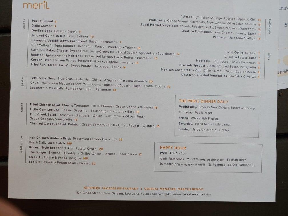 Menu at Meril restaurant, New Orleans