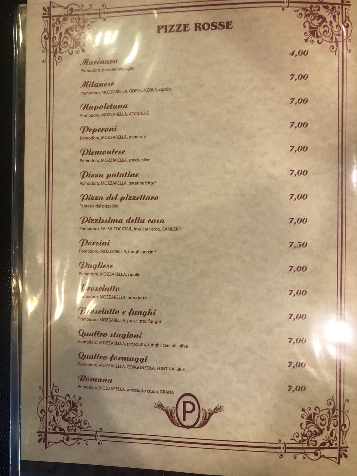Menu da Pizzissima ristorante, Aosta