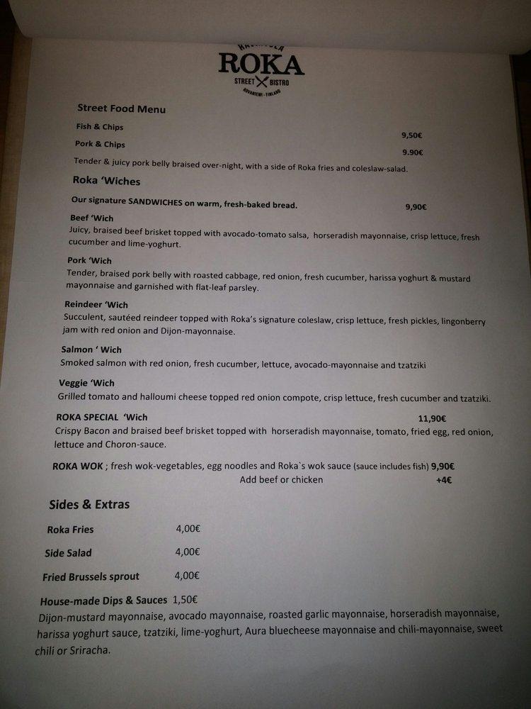 Menu at Ravintola Roka Street Bistro restaurant, Rovaniemi