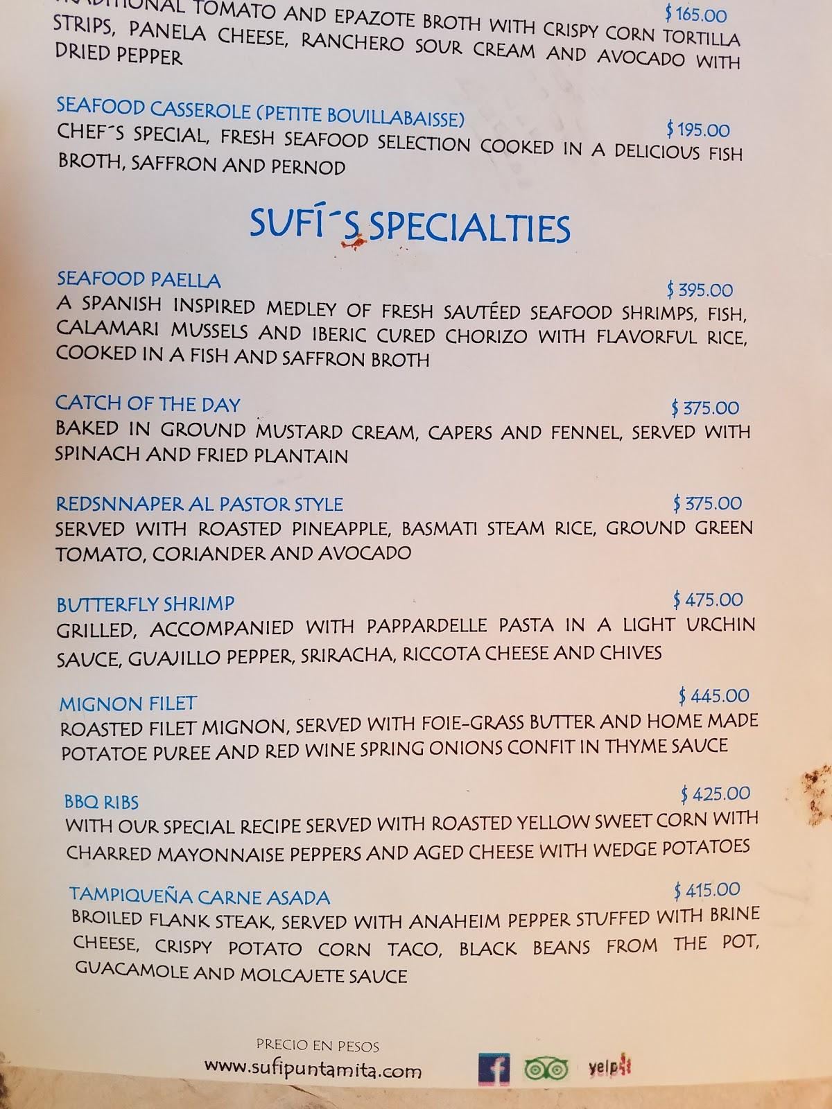 Menu at Restaurant Sufi, Punta de Mita