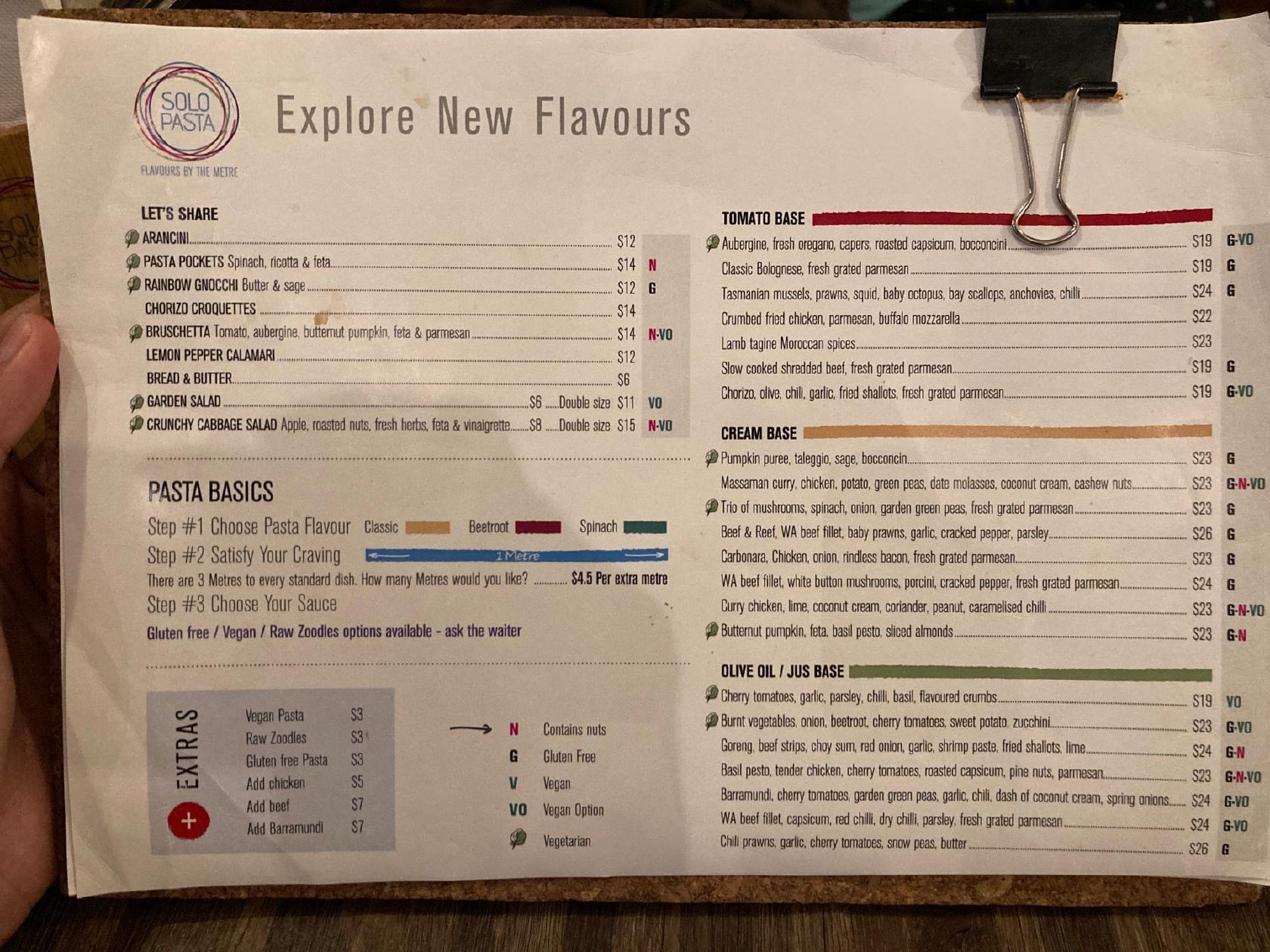 Carta del restaurante Solo Pasta, Mount Lawley