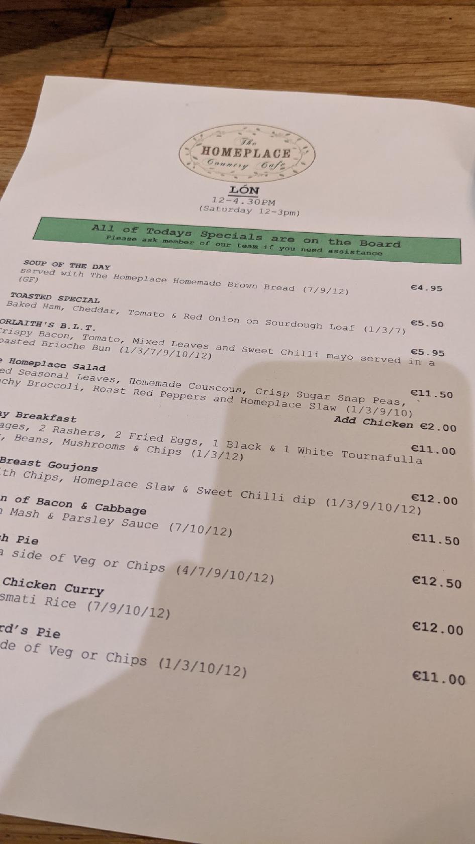 Menu at The Homeplace Cafe, Headford