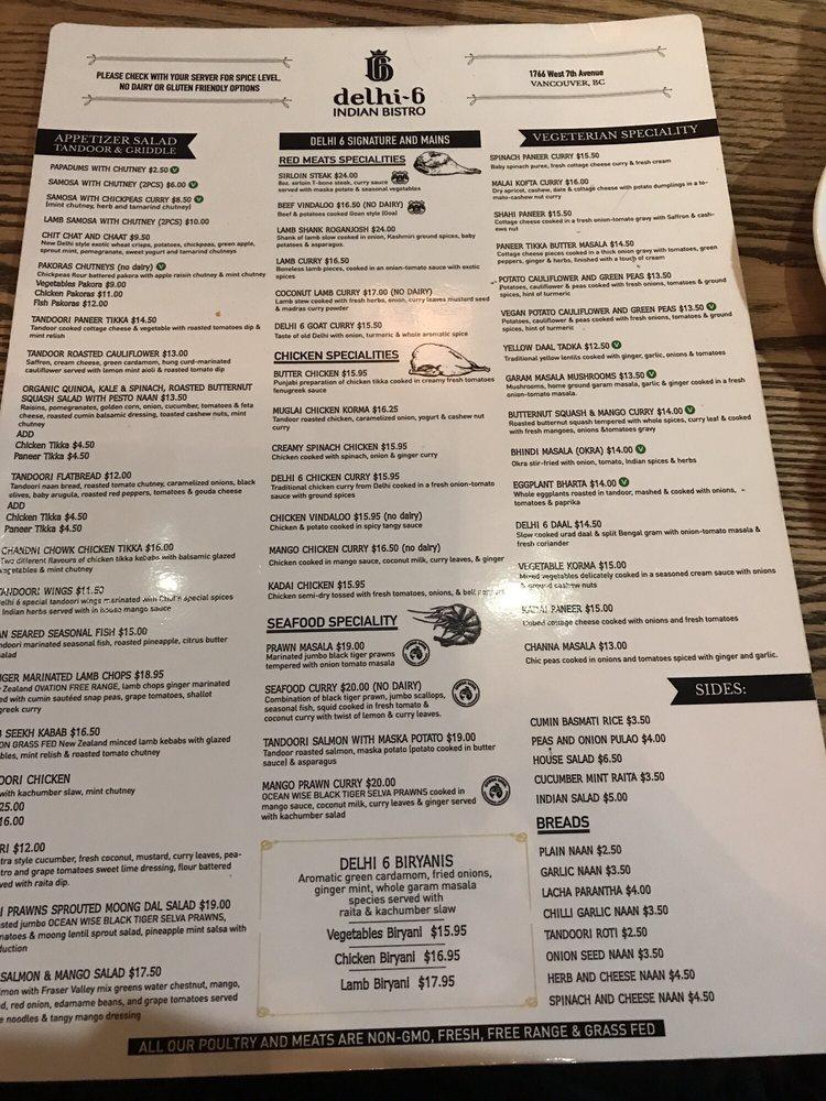 Menu at Delhi-6 Indian Bistro restaurant, Vancouver