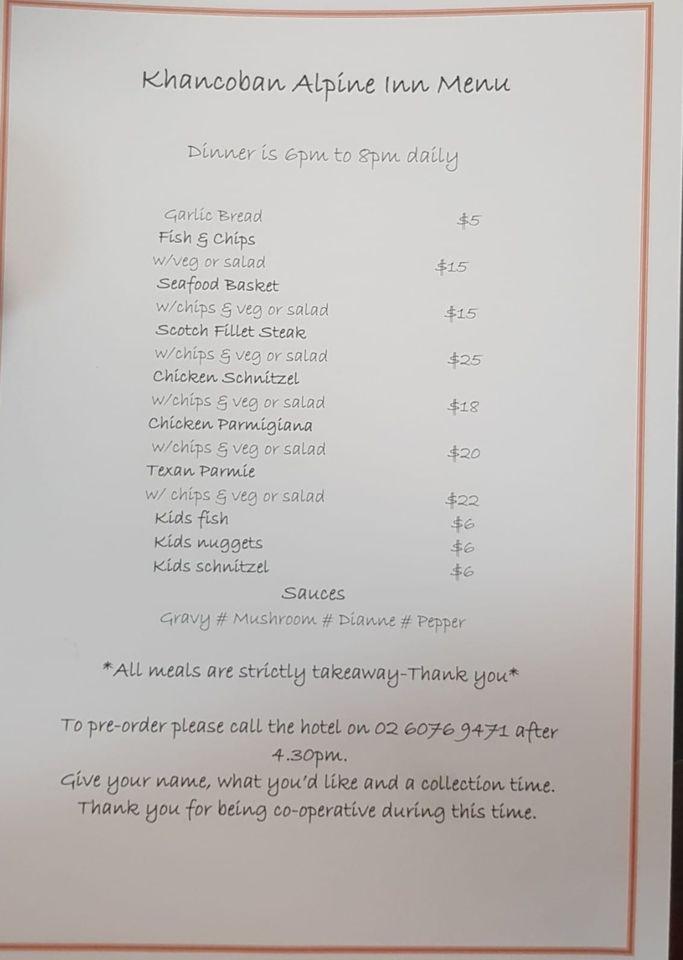 Menu at Khancoban Alpine Inn pub & bar, Khancoban