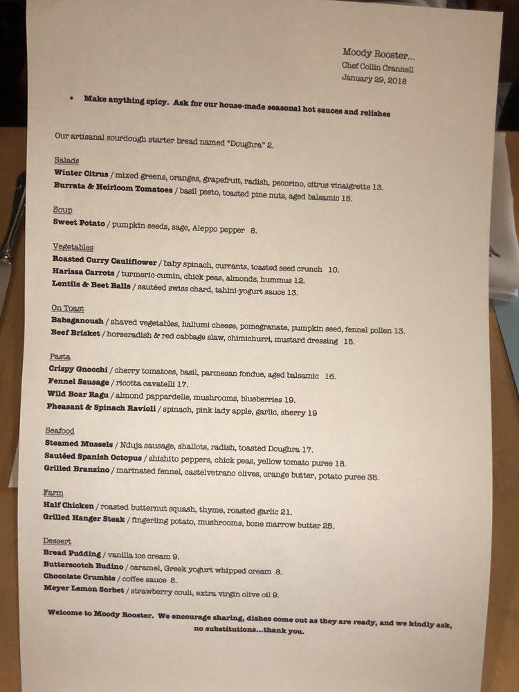 Menu at Moody Rooster pub & bar, Westlake Village