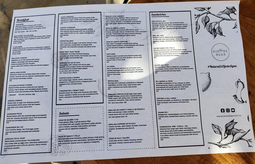 Menu at Ojo de Agua Brickell restaurant, Miami