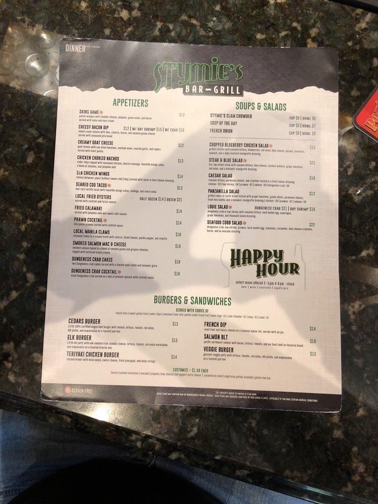 Menu at Stymie's Bar And Grill, Sequim, Woodcock Rd