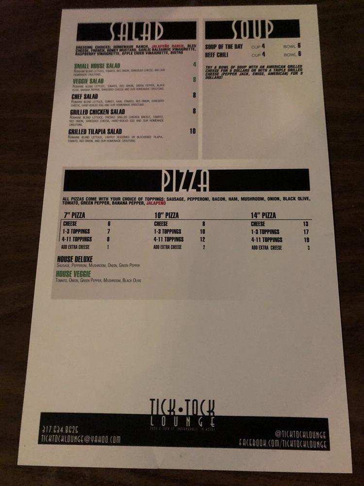 Menu at Tick Tock Lounge pub & bar, Indianapolis