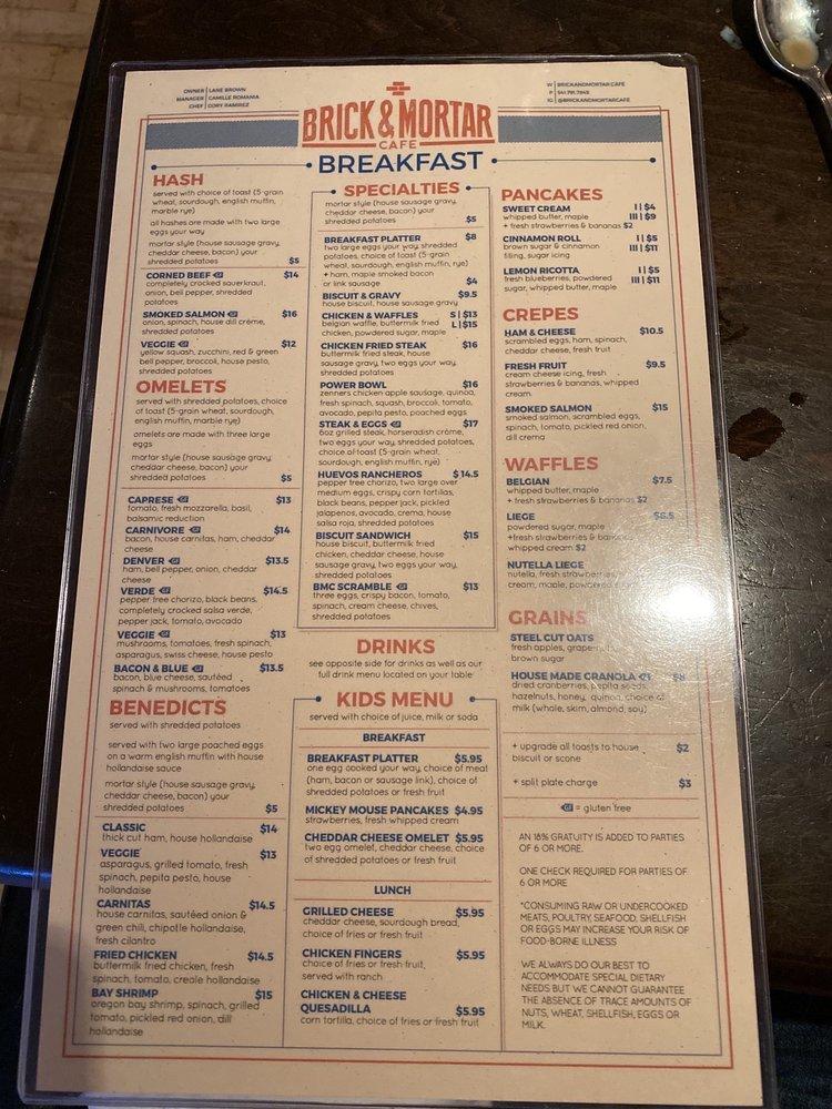 Menu at Brick & Mortar Café cafe, Albany