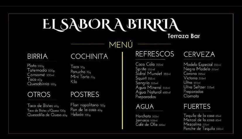 Carta del restaurante El sabor a birria, Ciudad del México