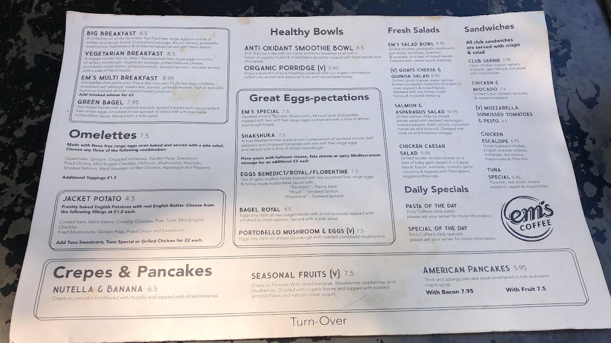 Menu at Em's Coffee cafe, London, High Rd